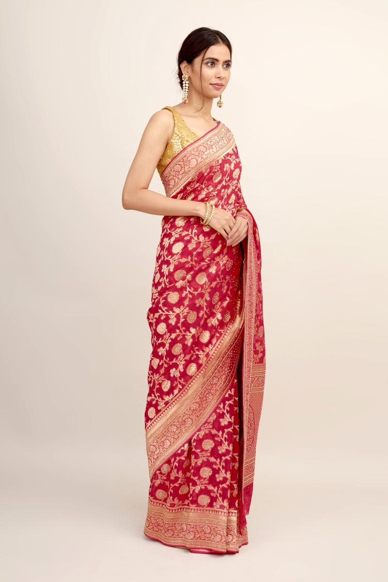 Buy Coral Red Georgette Saree For Women Online - Frontierraas