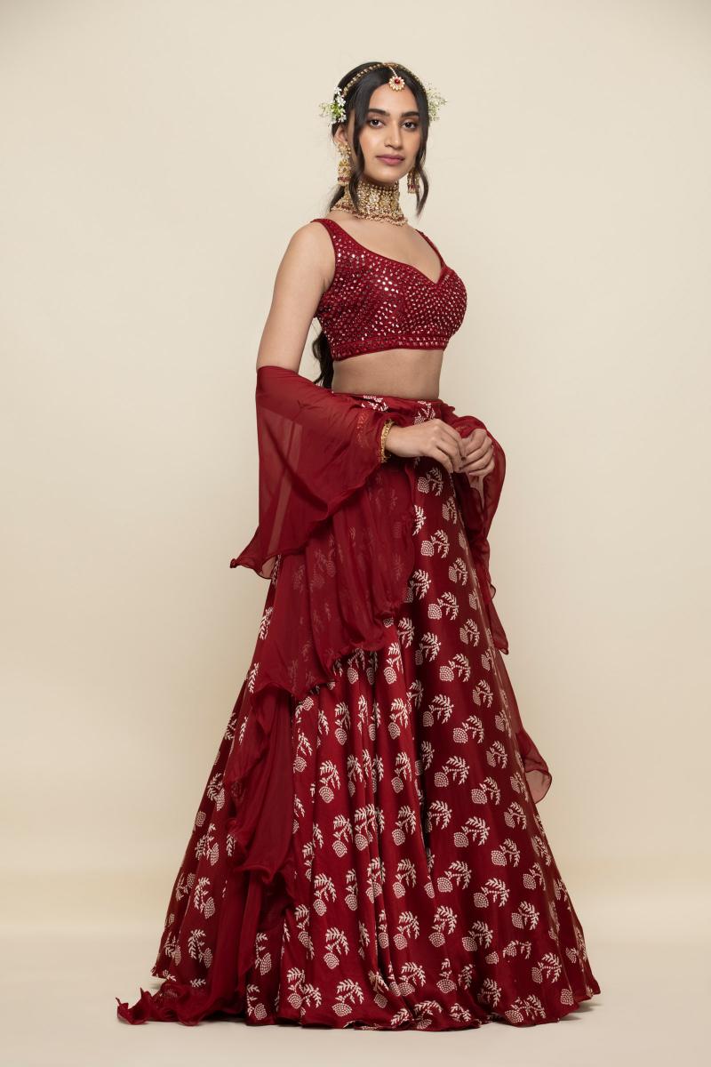 Deep Red Satin Lehenga- Frontier Raas