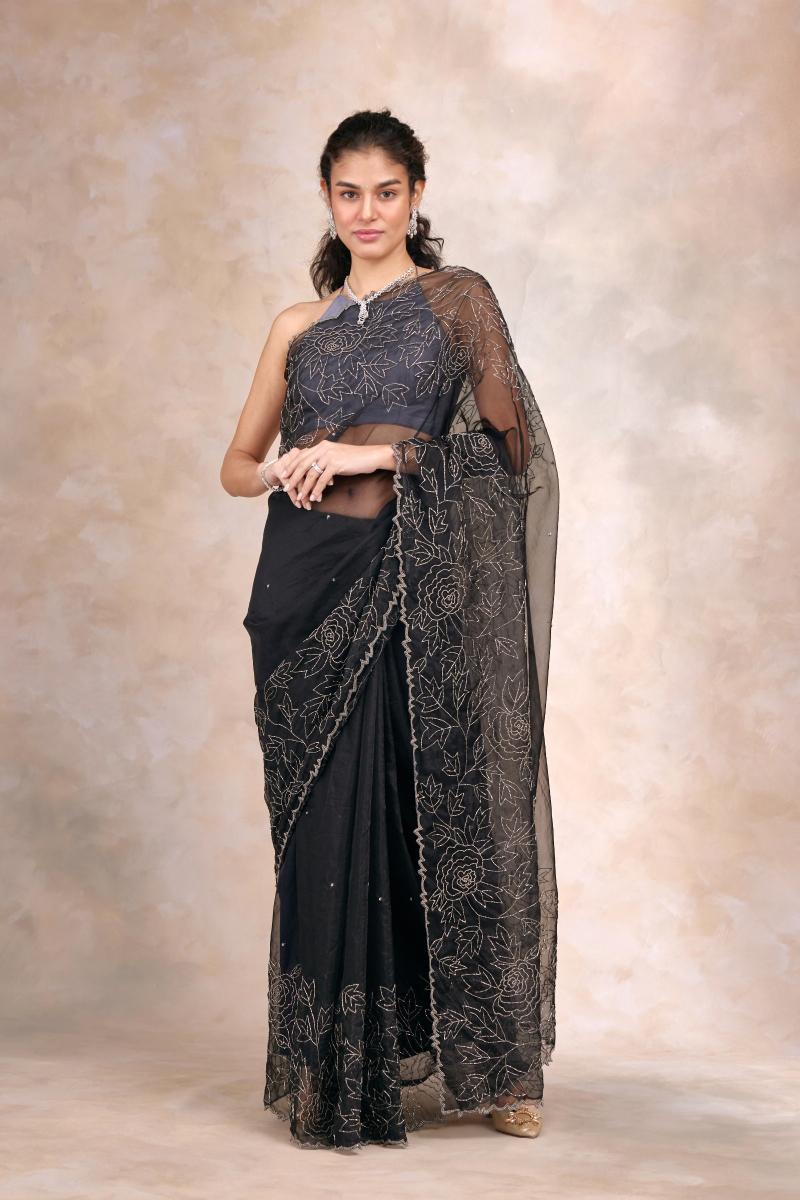 Black Rose Tissue Organza Saree- Frontier Raas