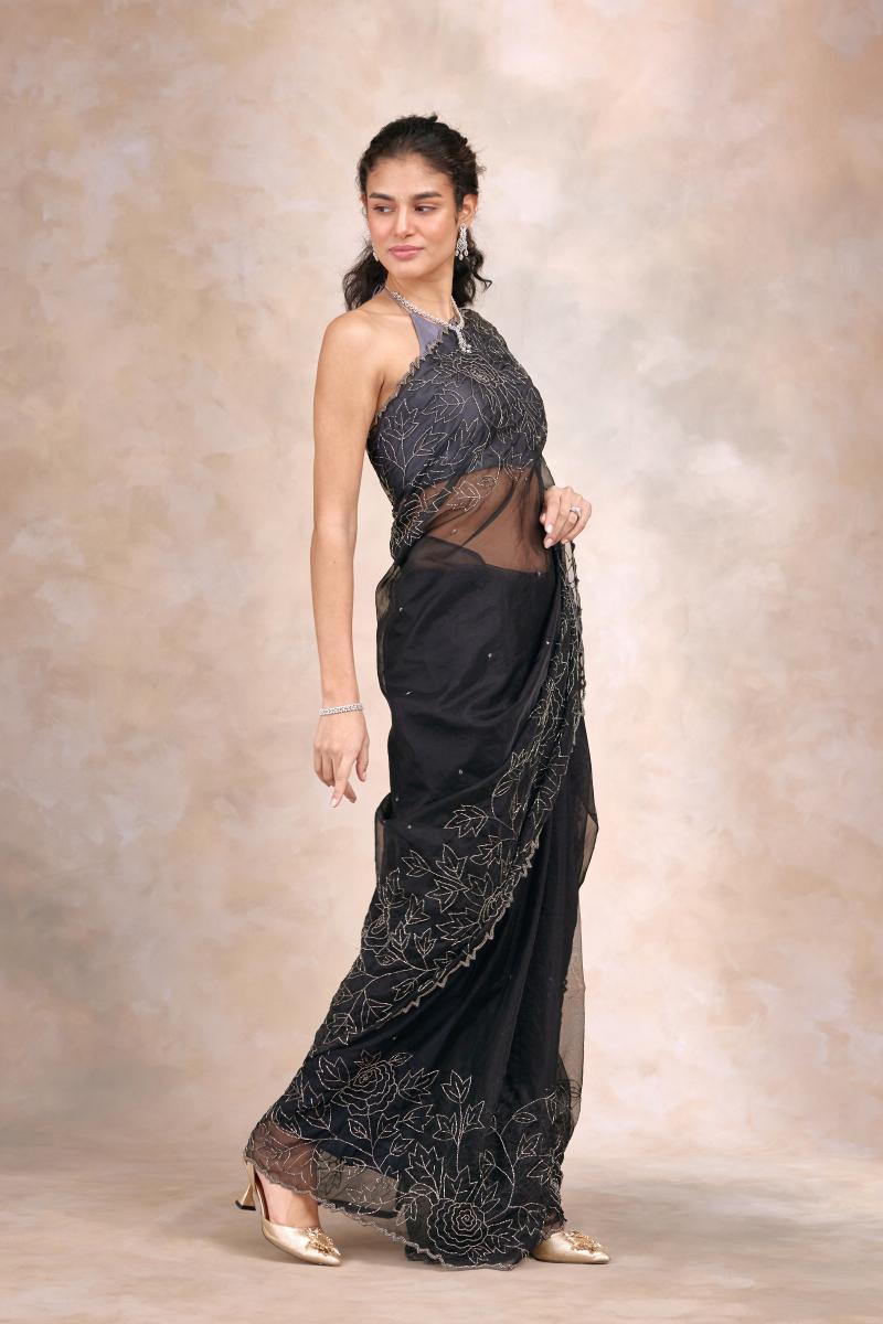 Black Rose Tissue Organza Saree- Frontier Raas