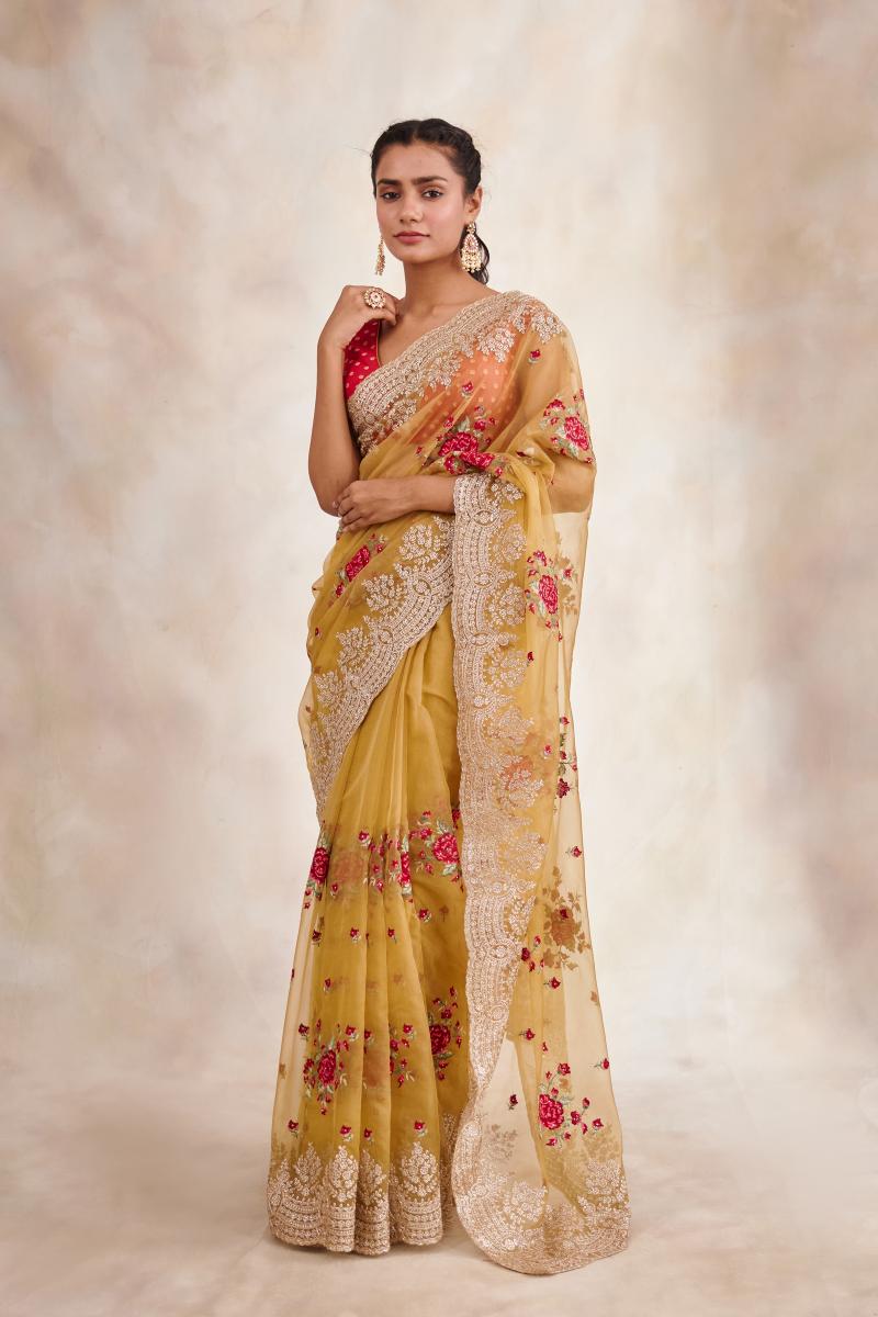 Yellow Tissue Organza Saree Frontier Raas