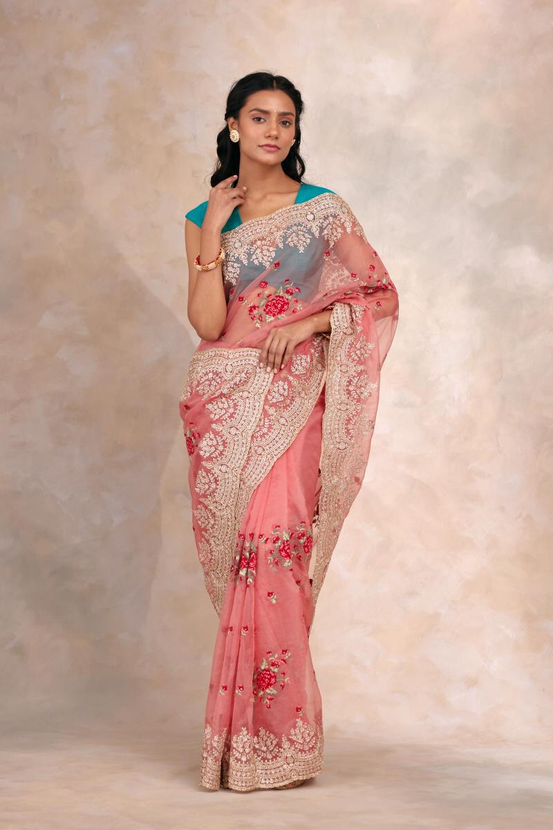 Peach Coral Tissue Organza Saree- Frontier Raas