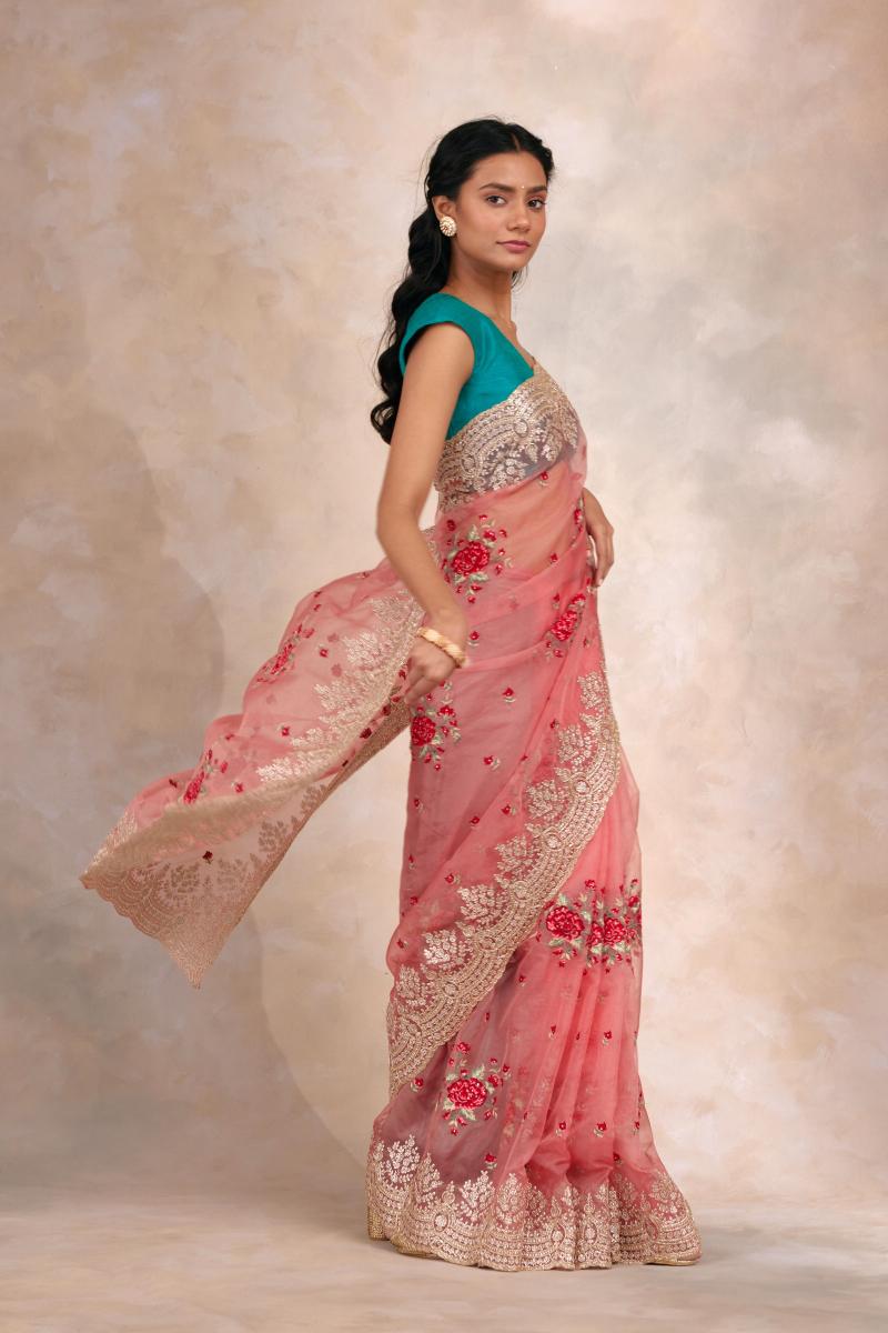 Peach Coral Tissue Organza Saree- Frontier Raas