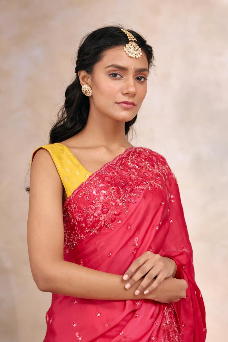 Ruby Pink Satin Saree- Frontier Raas