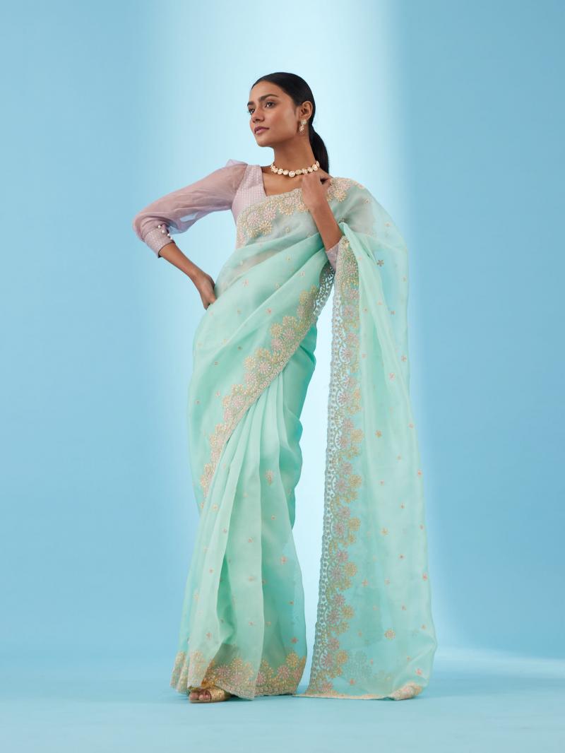 Sea Green Organza Saree- Frontier Raas
