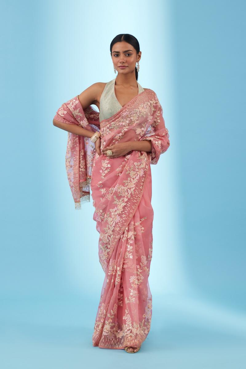 Coral Peach Organza Saree- Frontier Raas