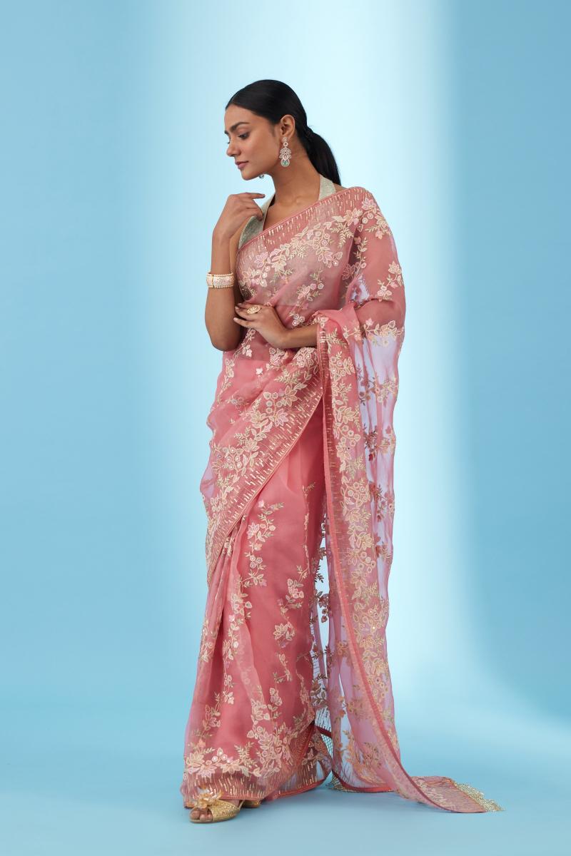 Coral Peach Organza Saree- Frontier Raas