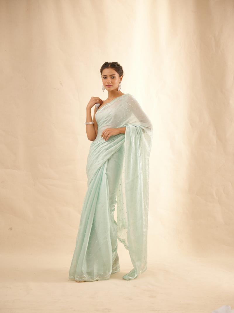Metallic Baby Blue Organza Satin Saree- Frontier Raas