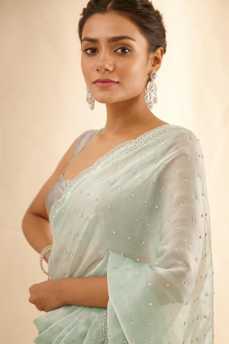 Metallic Baby Blue Organza Satin Saree- Frontier Raas