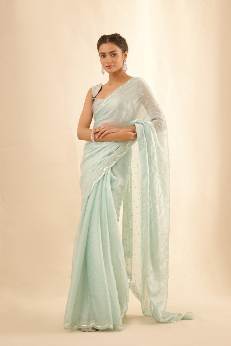 Metallic Baby Blue Organza Satin Saree- Frontier Raas