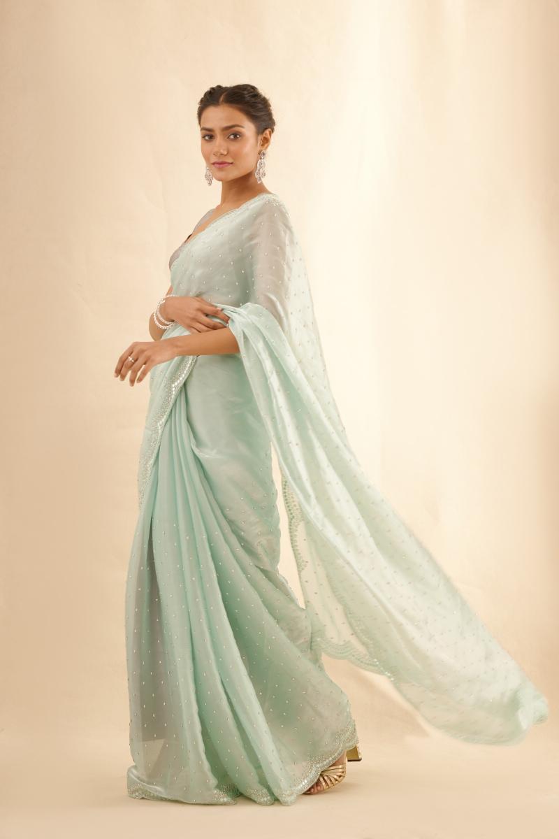 Metallic Baby Blue Organza Satin Saree- Frontier Raas