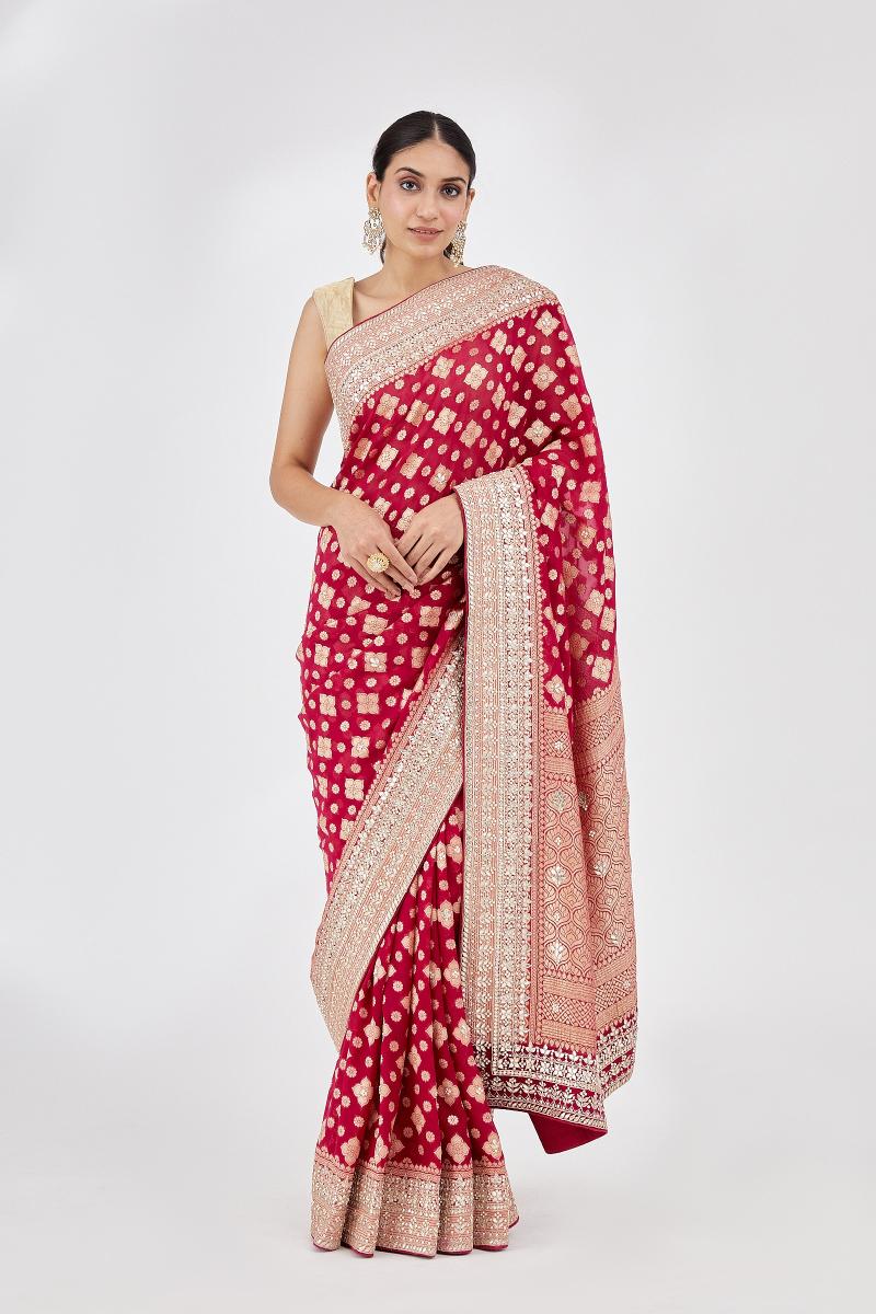 Cherry Red Banarasi Saree- Frontier Raas