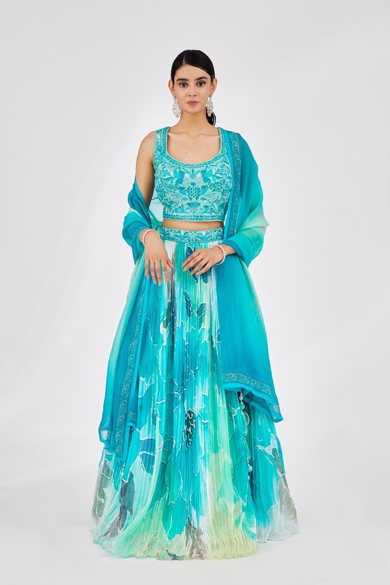 Vivid Green Organza Lehenga- Frontier Raas
