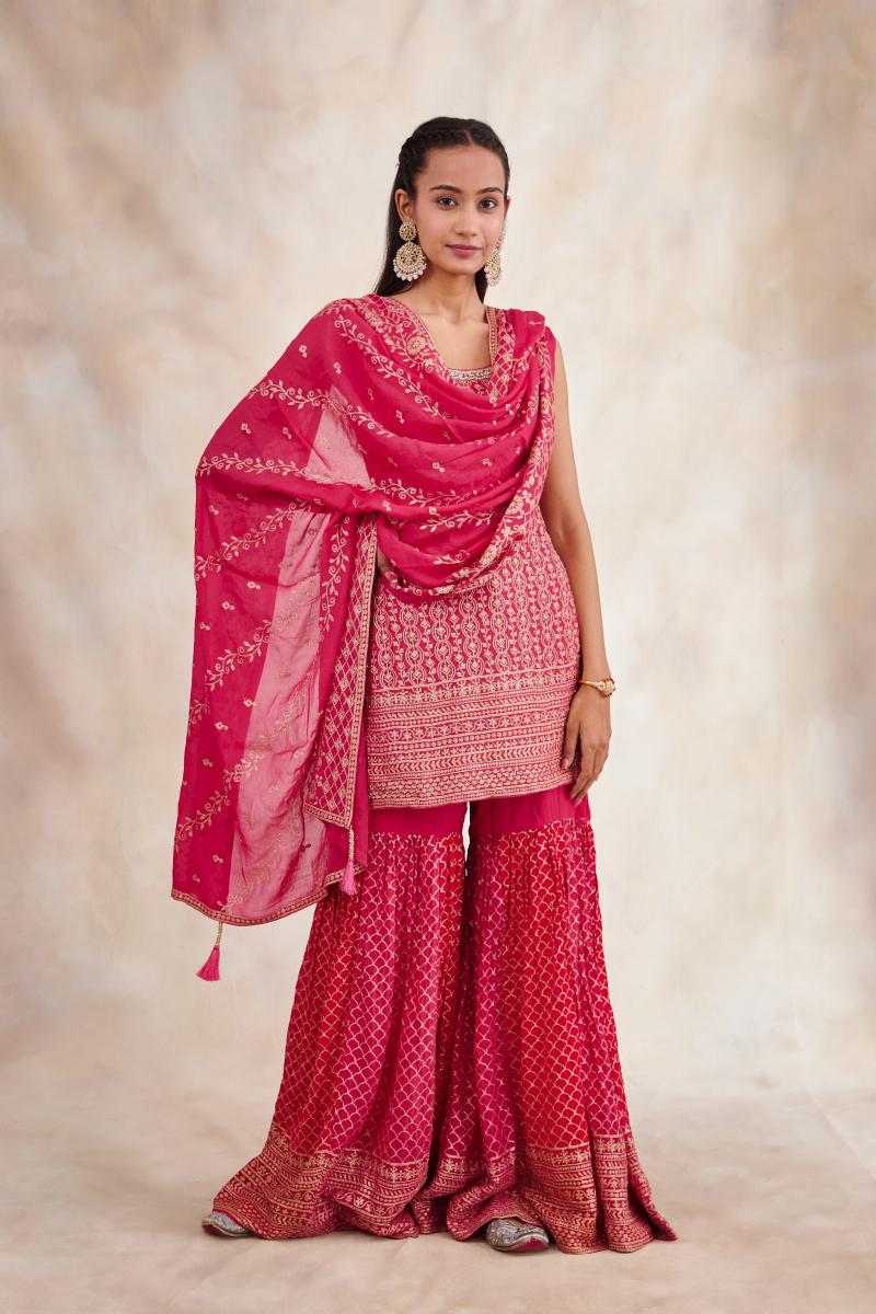 Crimson Chiffon Garara Set Frontier Raas