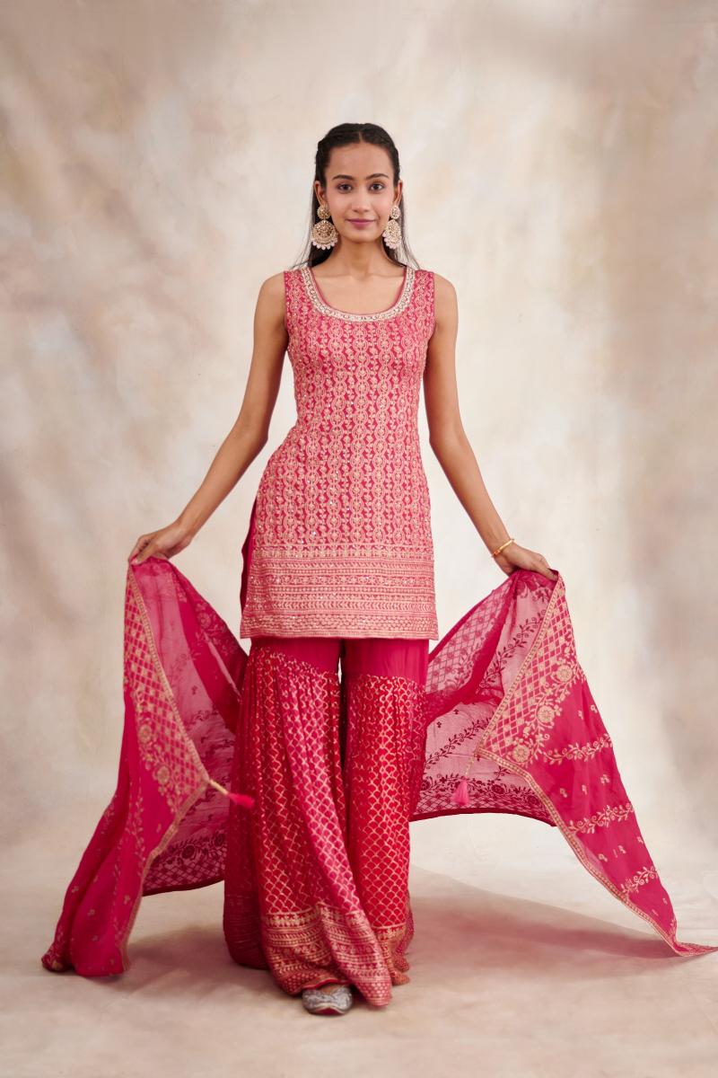 Crimson Chiffon Garara Set Frontier Raas