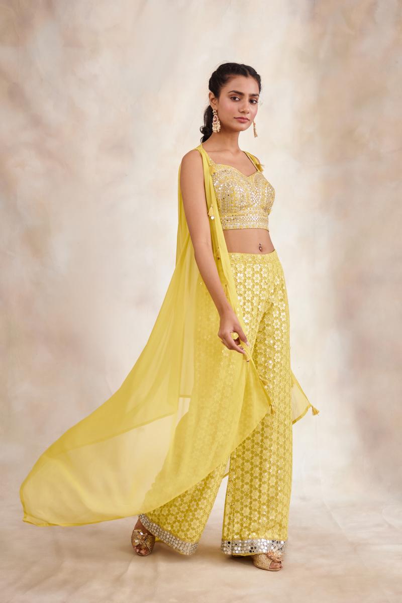 Blazing Yellow Pallazo Cape Set Frontier Raas
