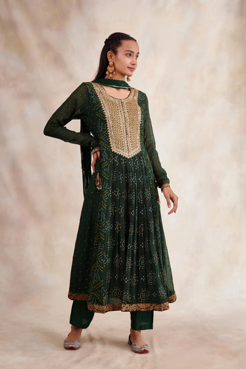 Bottle Green Chiffon Suit Set Frontier Raas