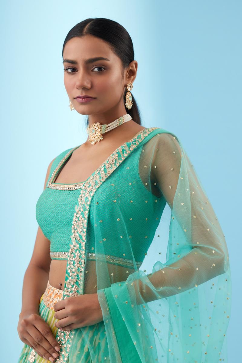 Teal Green Lehriya Lehenga- Frontier Raas