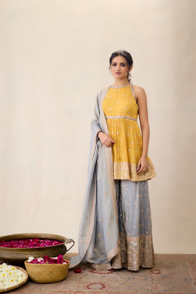 Mustard Grey Sharara Set - Frontier Raas