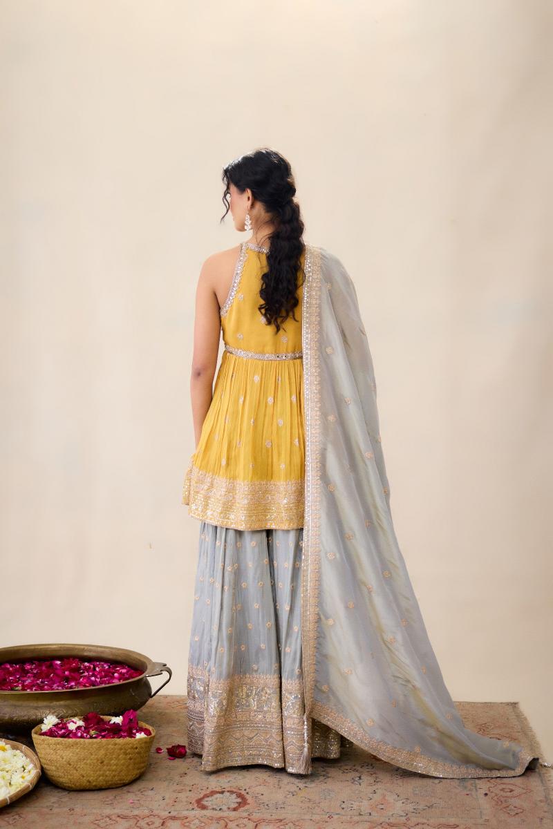 Mustard Grey Sharara Set - Frontier Raas