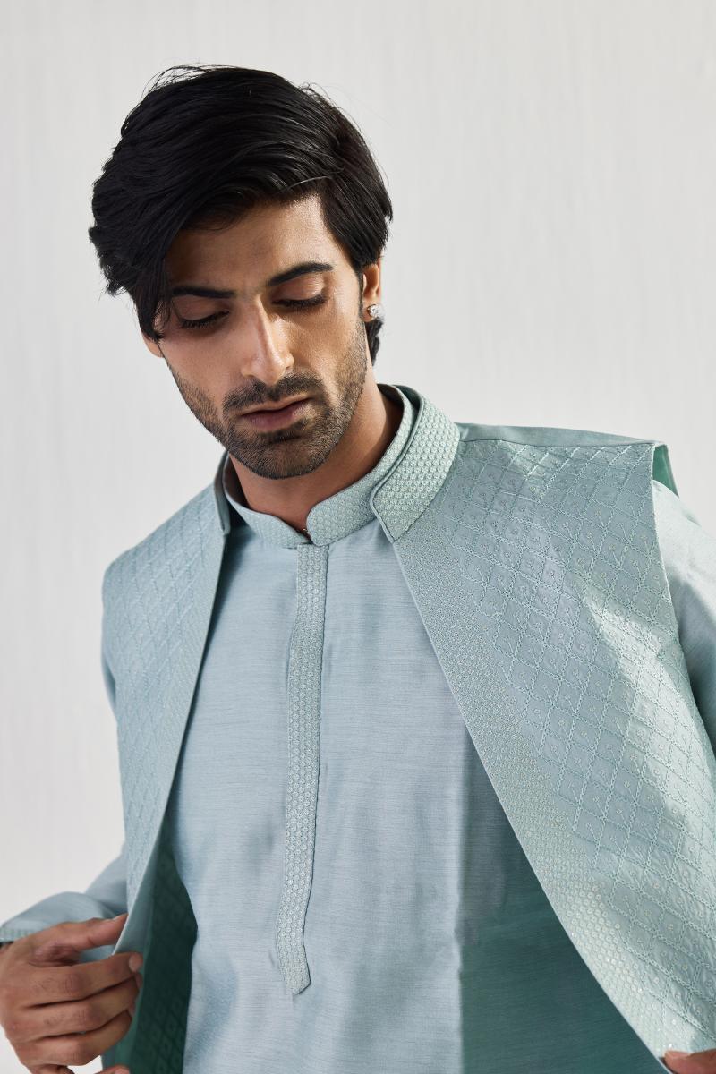 Aqua Blue Silk Half Jacket Set - Frontier Raas