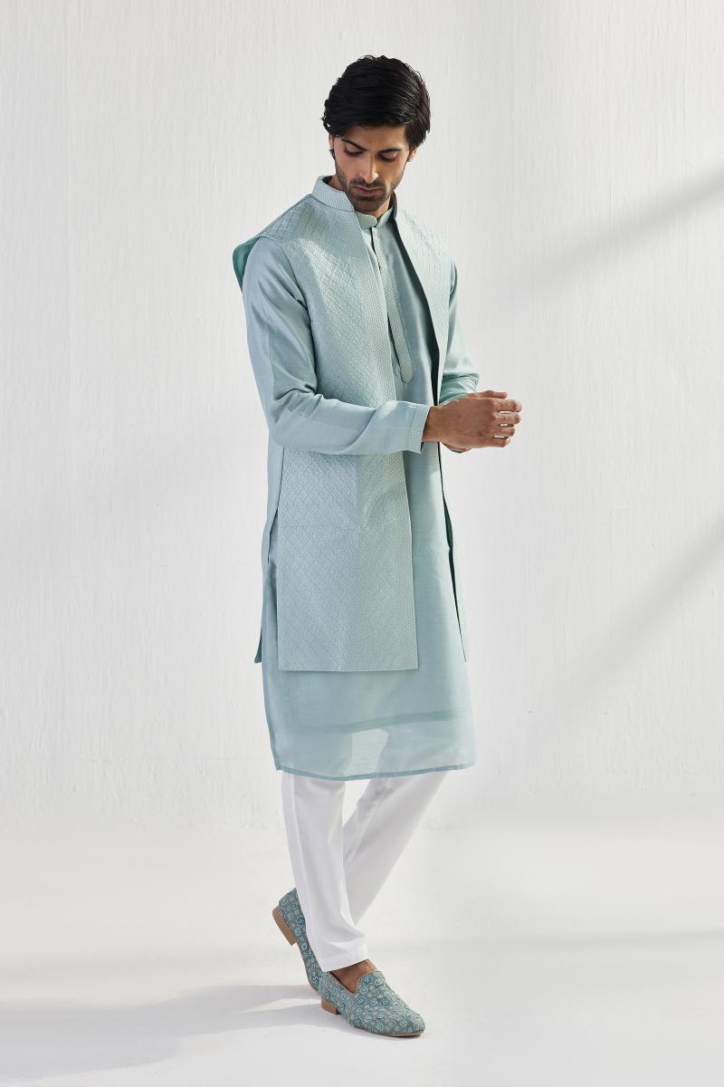 Aqua Blue Silk Half Jacket Set - Frontier Raas