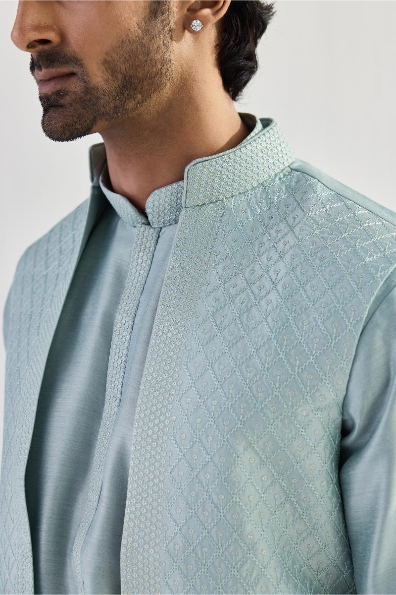 Aqua Blue Silk Half Jacket Set - Frontier Raas