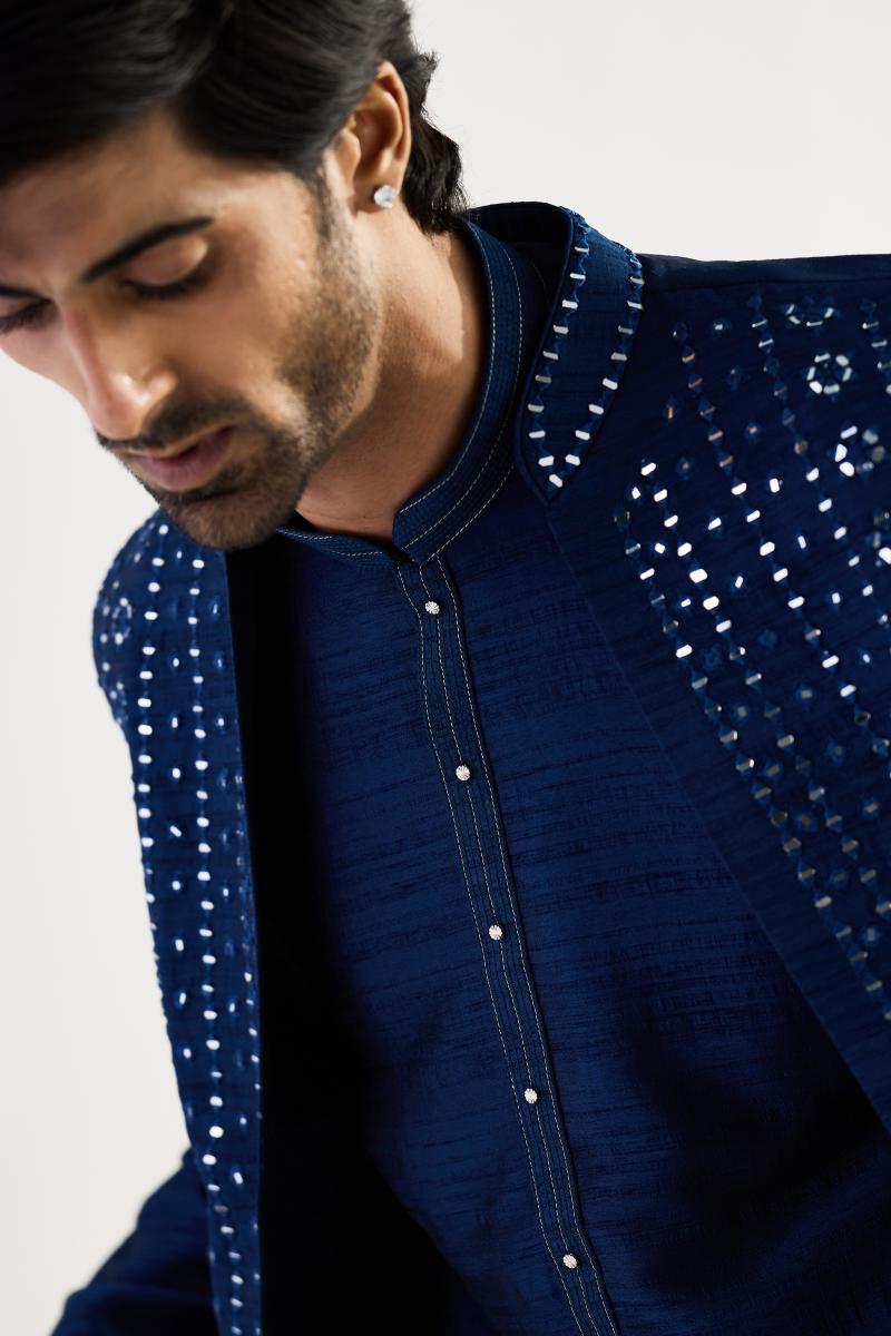 Navy Blue Mirror Half Jacket Set - Frontier Raas