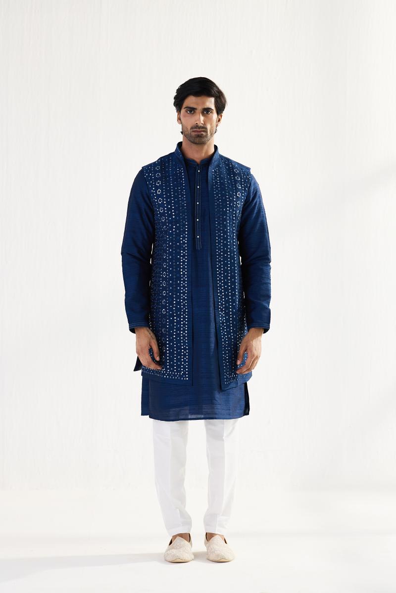 Navy Blue Mirror Half Jacket Set - Frontier Raas