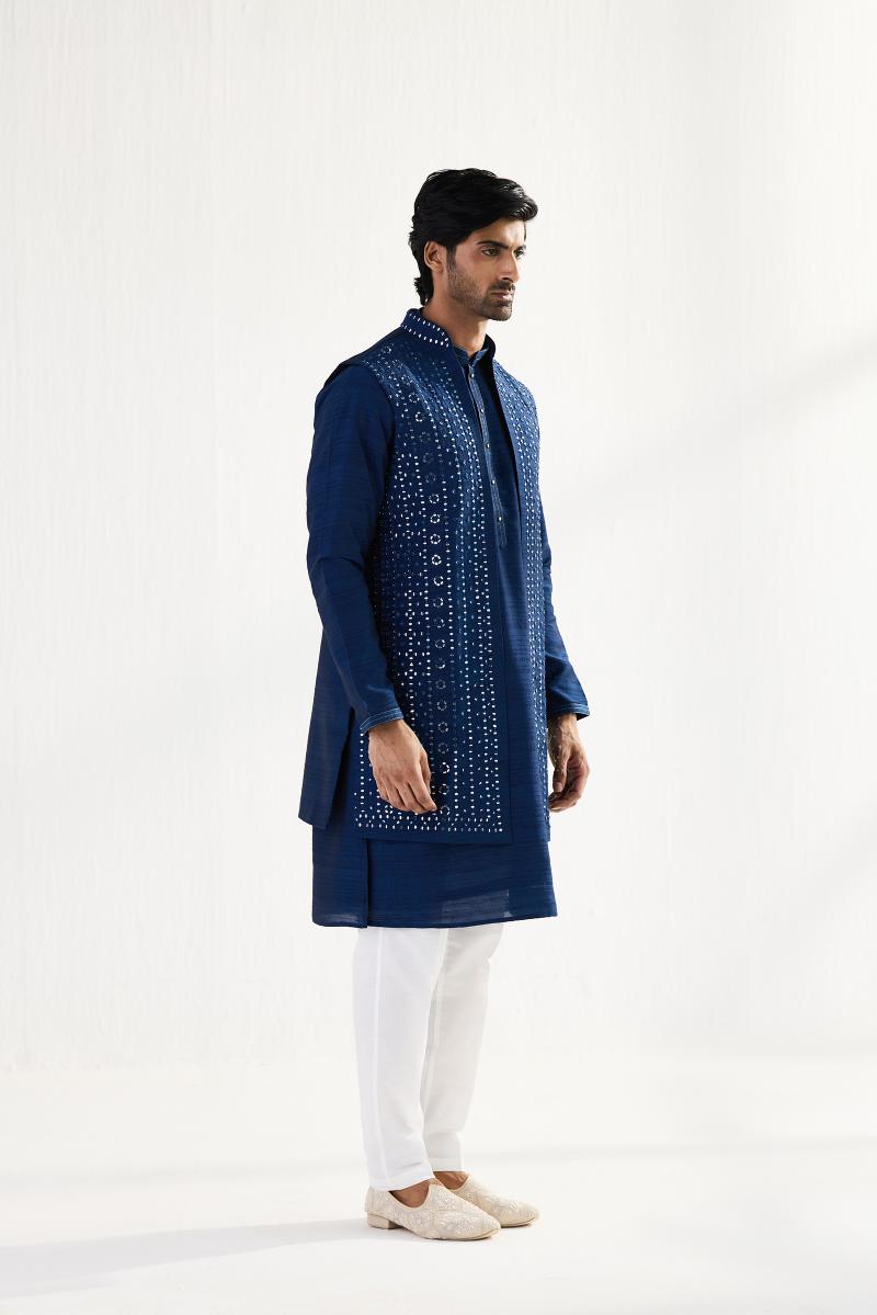 Navy Blue Mirror Half Jacket Set - Frontier Raas