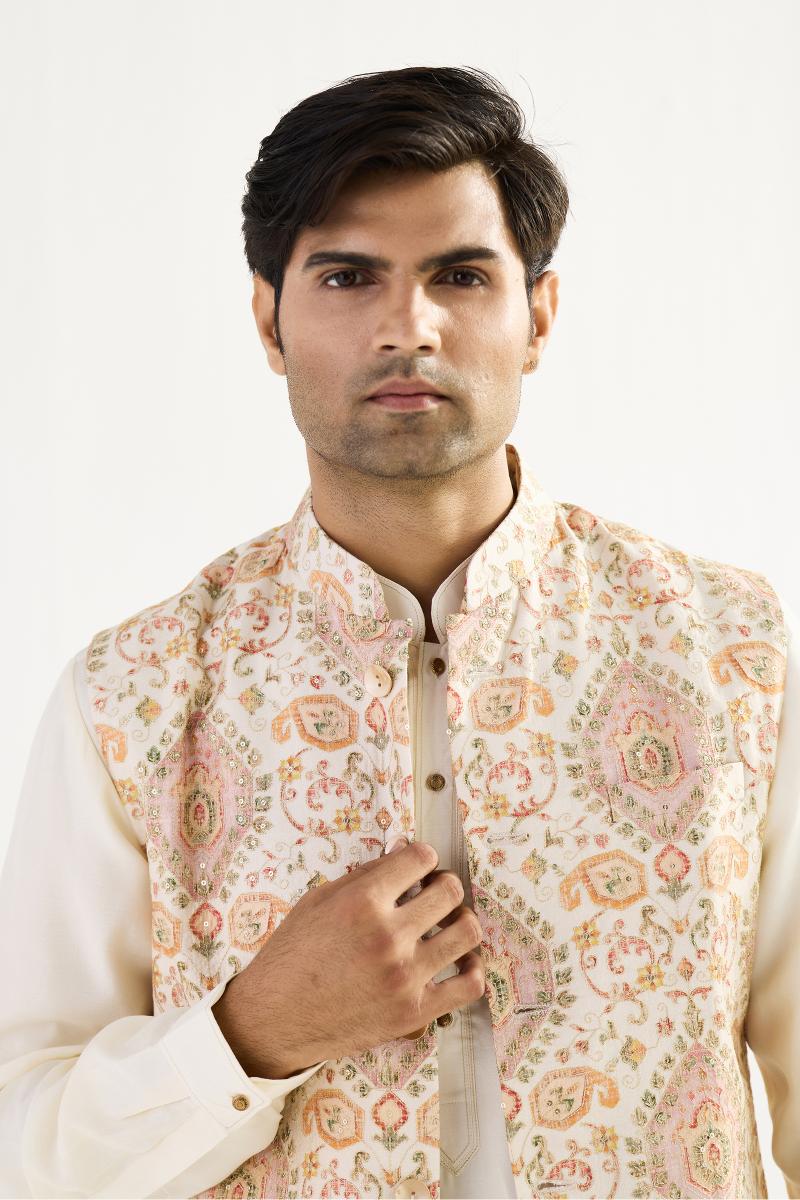 Cream Silk Half Jacket Set - Frontier Raas