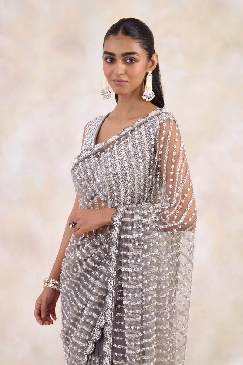 Ash Mauve Embroidered Net Saree - Frontier Raas