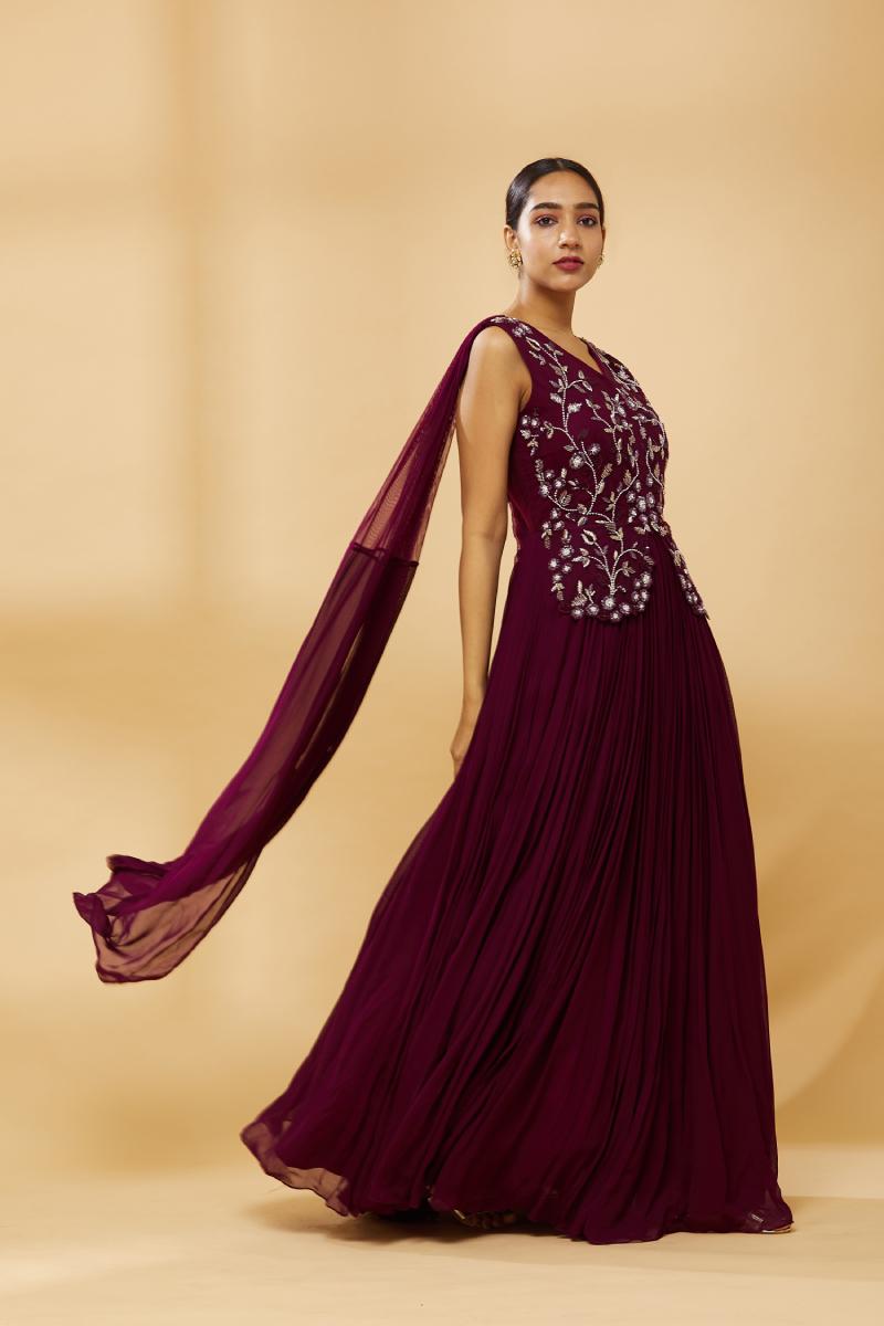 Buy Wine Embroidered Gown with Attached Stole For Women Online