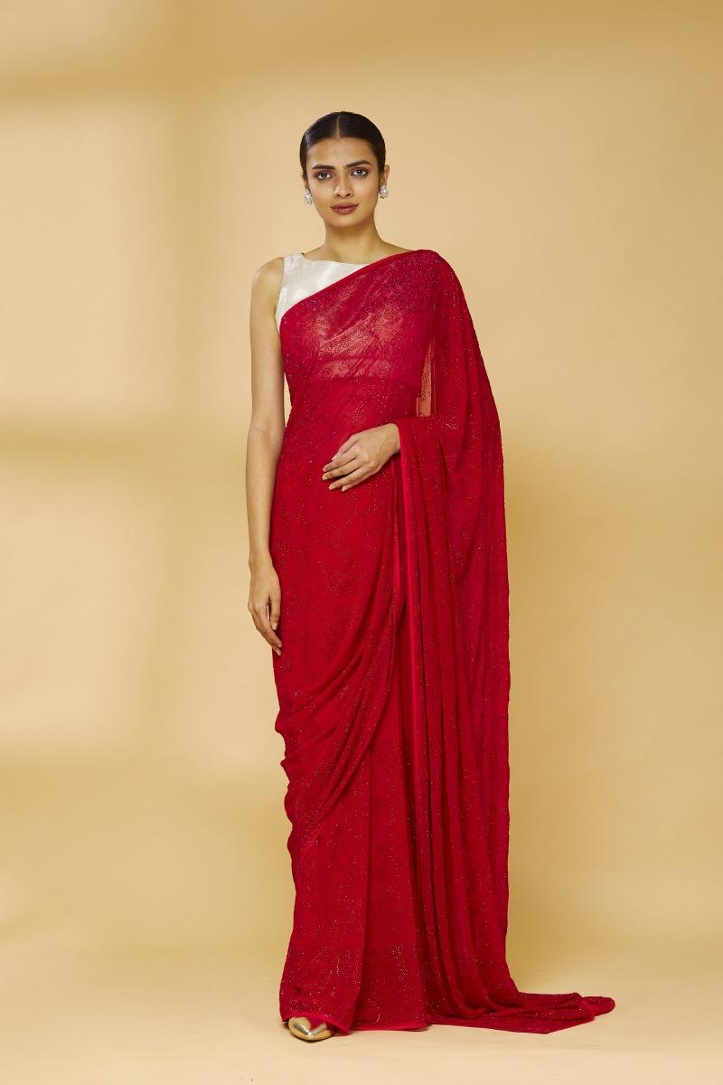 Buy Red Embellished Saree For Women Online