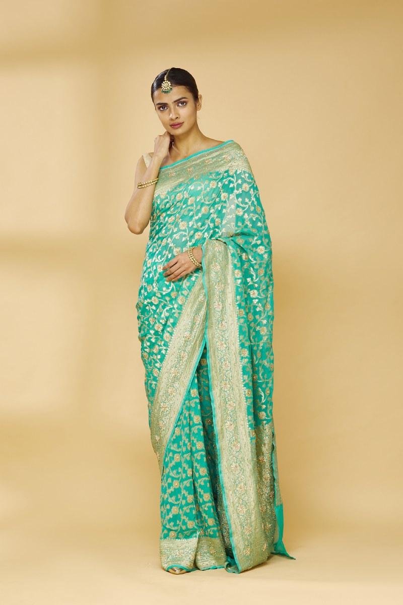 Buy Turquoise Embroidered Saree For Women Online