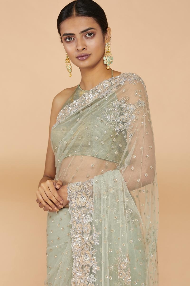 Buy Mint Green Embroidered Saree For Women Online
