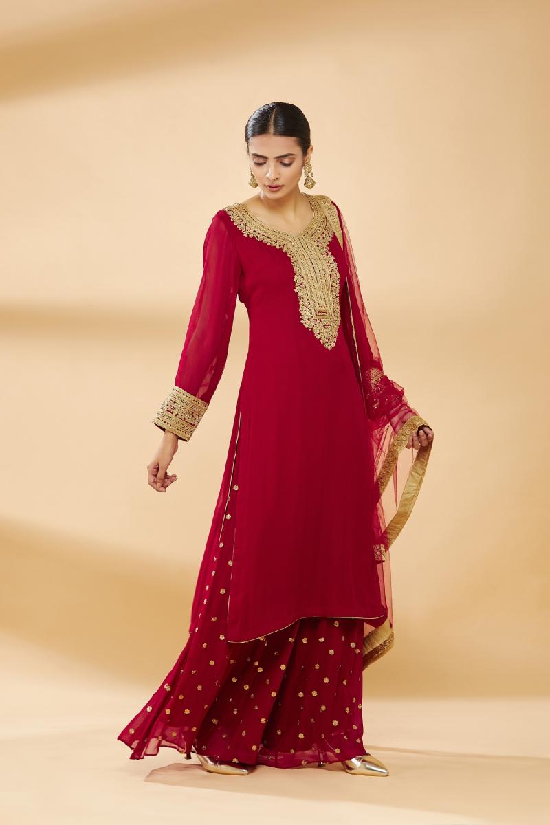 Buy Berry Red Emdroidered Sharara Suit For Women Online