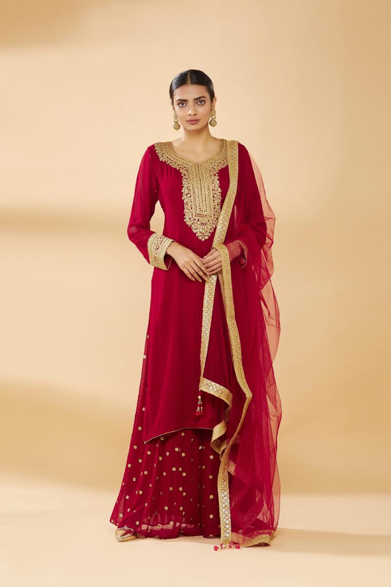 Buy Berry Red Emdroidered Sharara Suit For Women Online